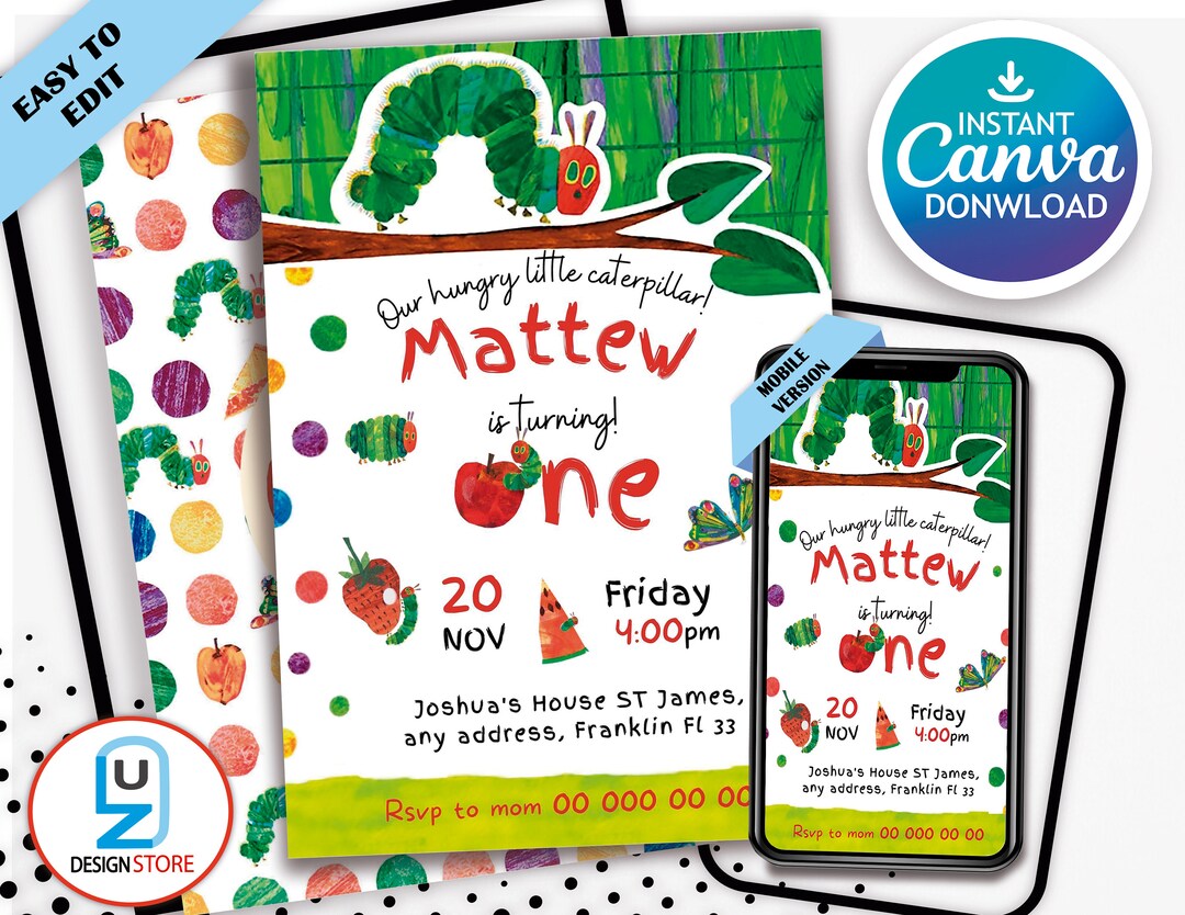 Very Hungry Caterpillar First Birthday Invitation Birthday Party Invite ...