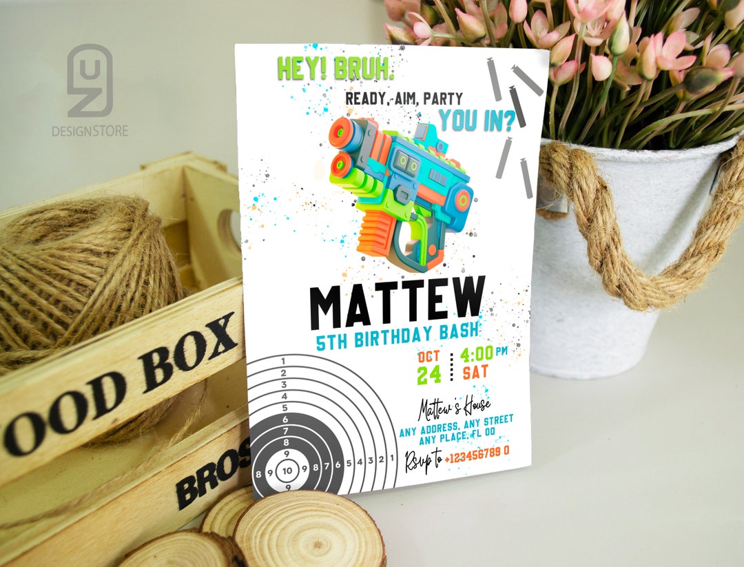 Dart Gun Invitation Editable Template, Dart Gun Birthday Invitation ...