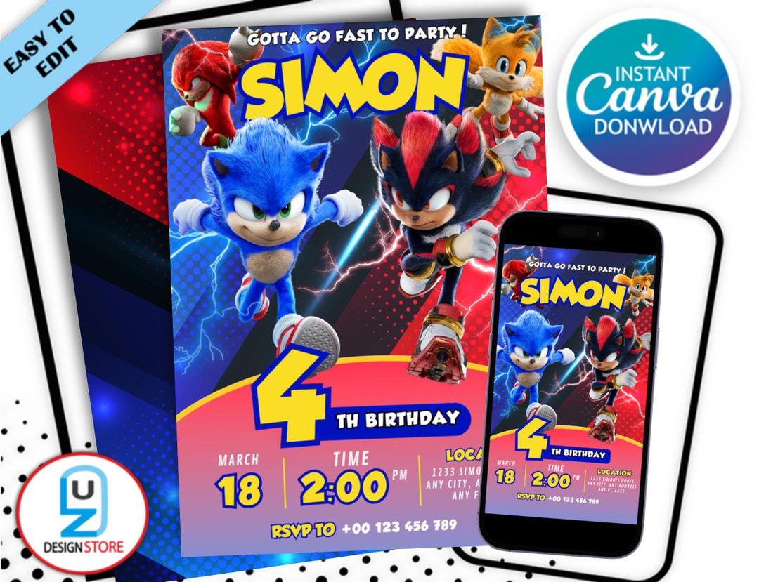 Sonic 3 Birthday Invitation, Super Hedgehog Boys Party Invite, Super ...