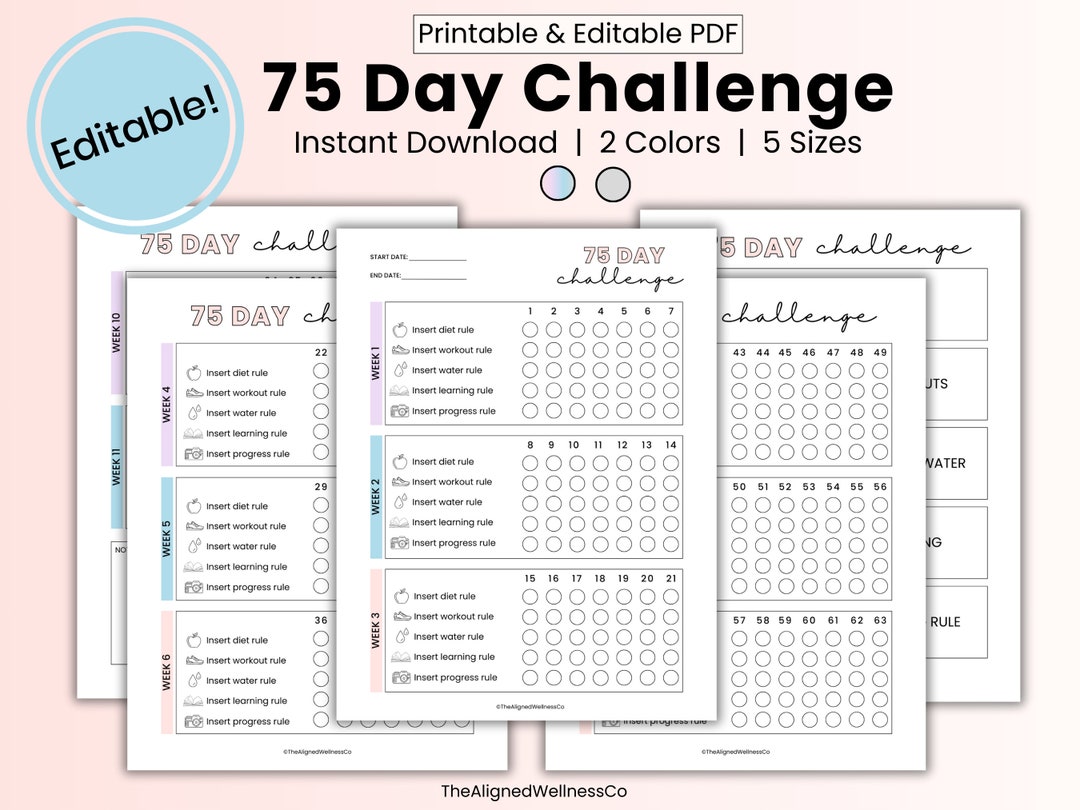 EDITABLE 75 Day Hard Challenge Tracker, 75 Day Challenge Printable, 75 ...