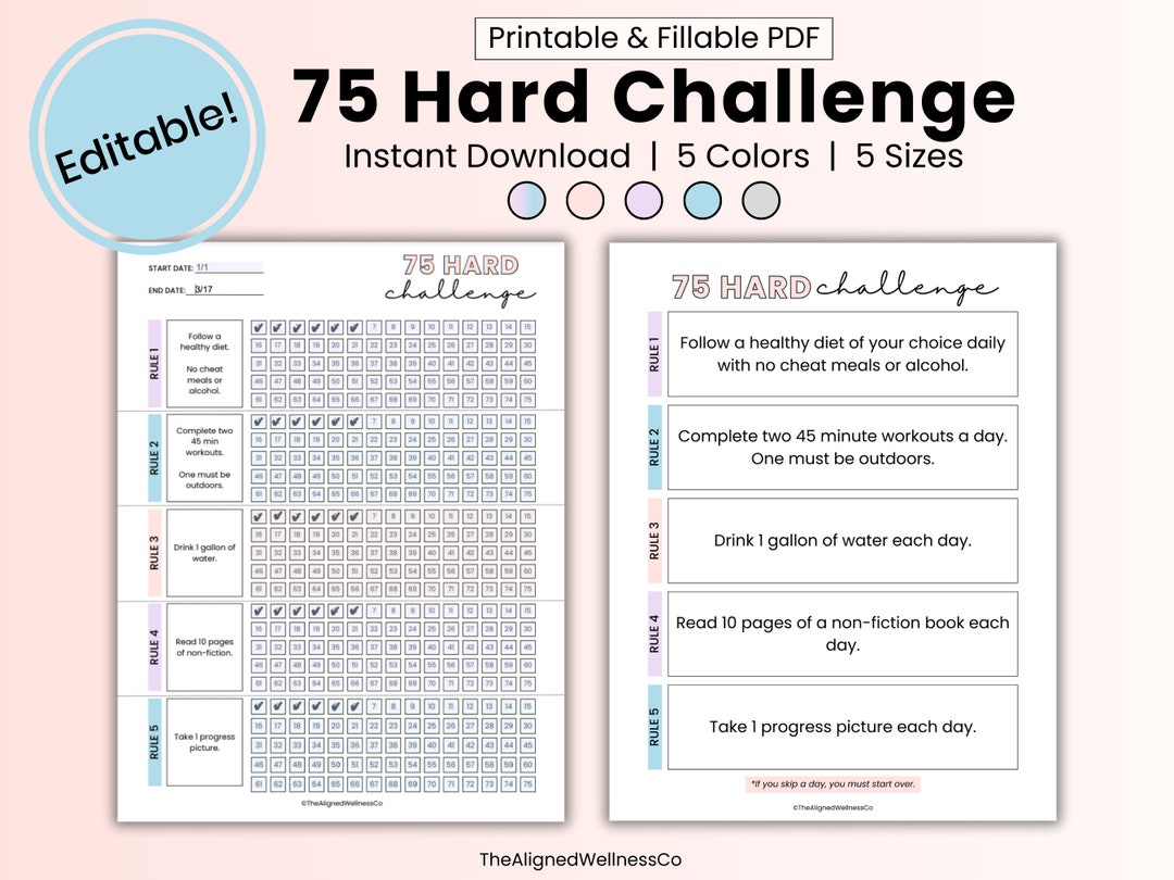 EDITABLE 75 Hard Challenge Tracker 75 Hard Challenge - Etsy