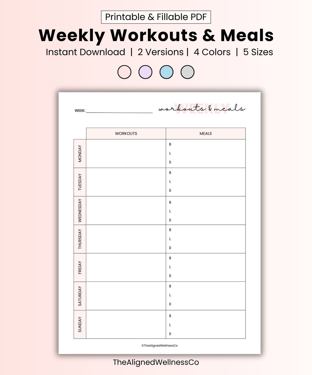 Weekly Exercise and Meals Planner, Food Journal for Weight Loss, Food ...