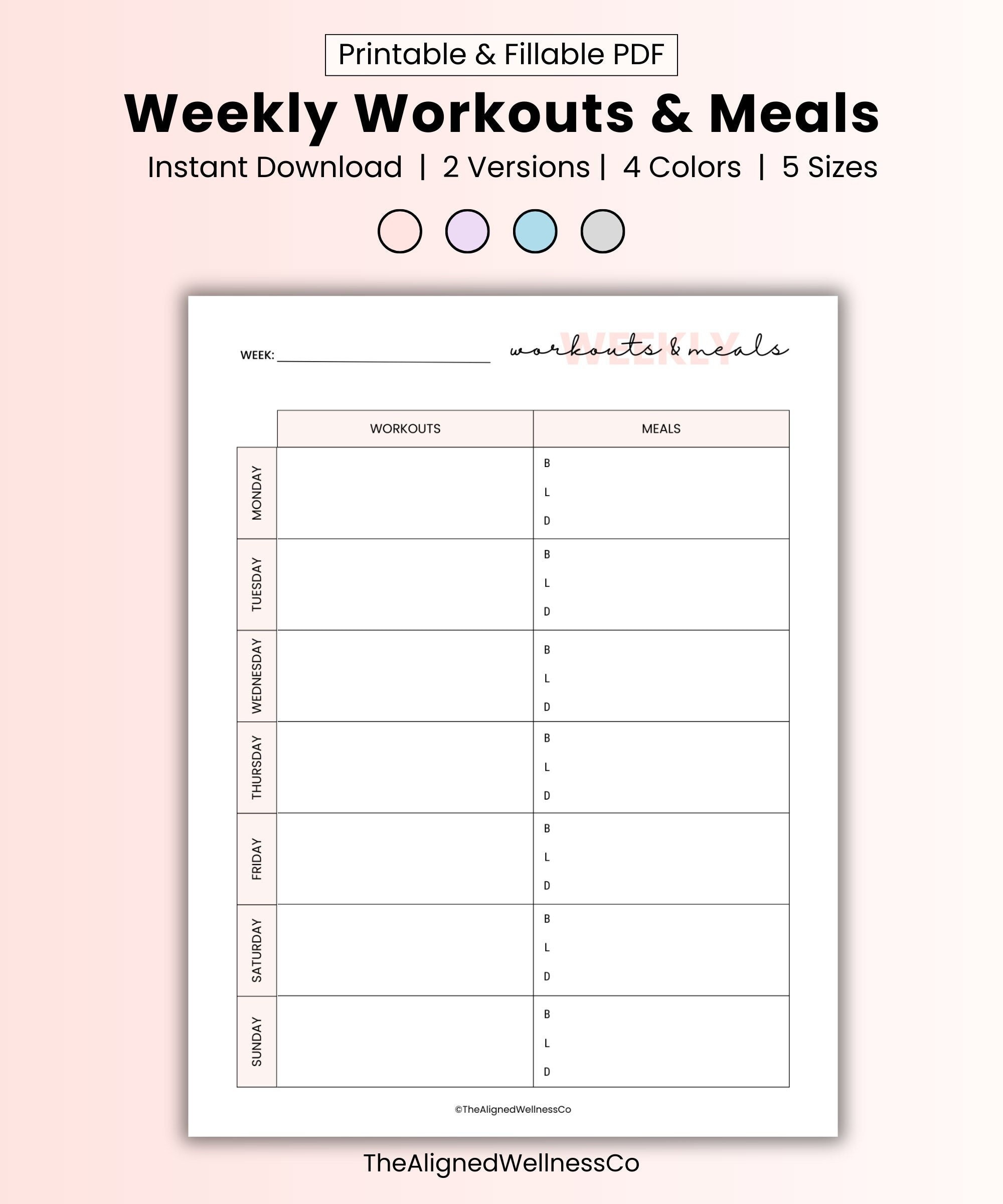 Weekly Exercise and Meals Planner, Food Journal for Weight Loss, Food ...