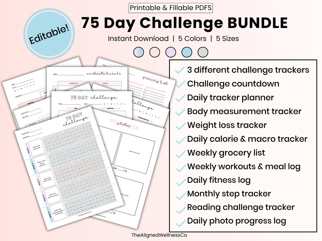 75 Day Hard Tracker BUNDLE, EDITABLE 75 Soft Challenge Printable Pdf ...