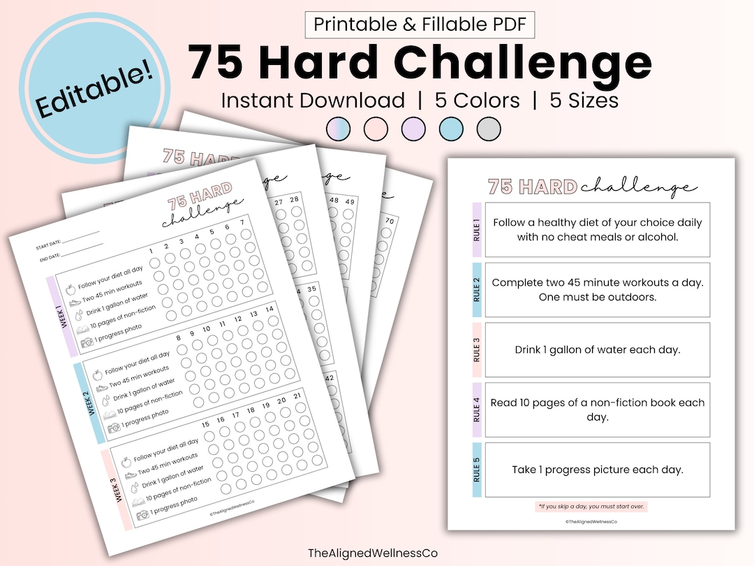 75 Hard Challenge Planner 75 Hard Challenge Tracker EDITABLE - Etsy