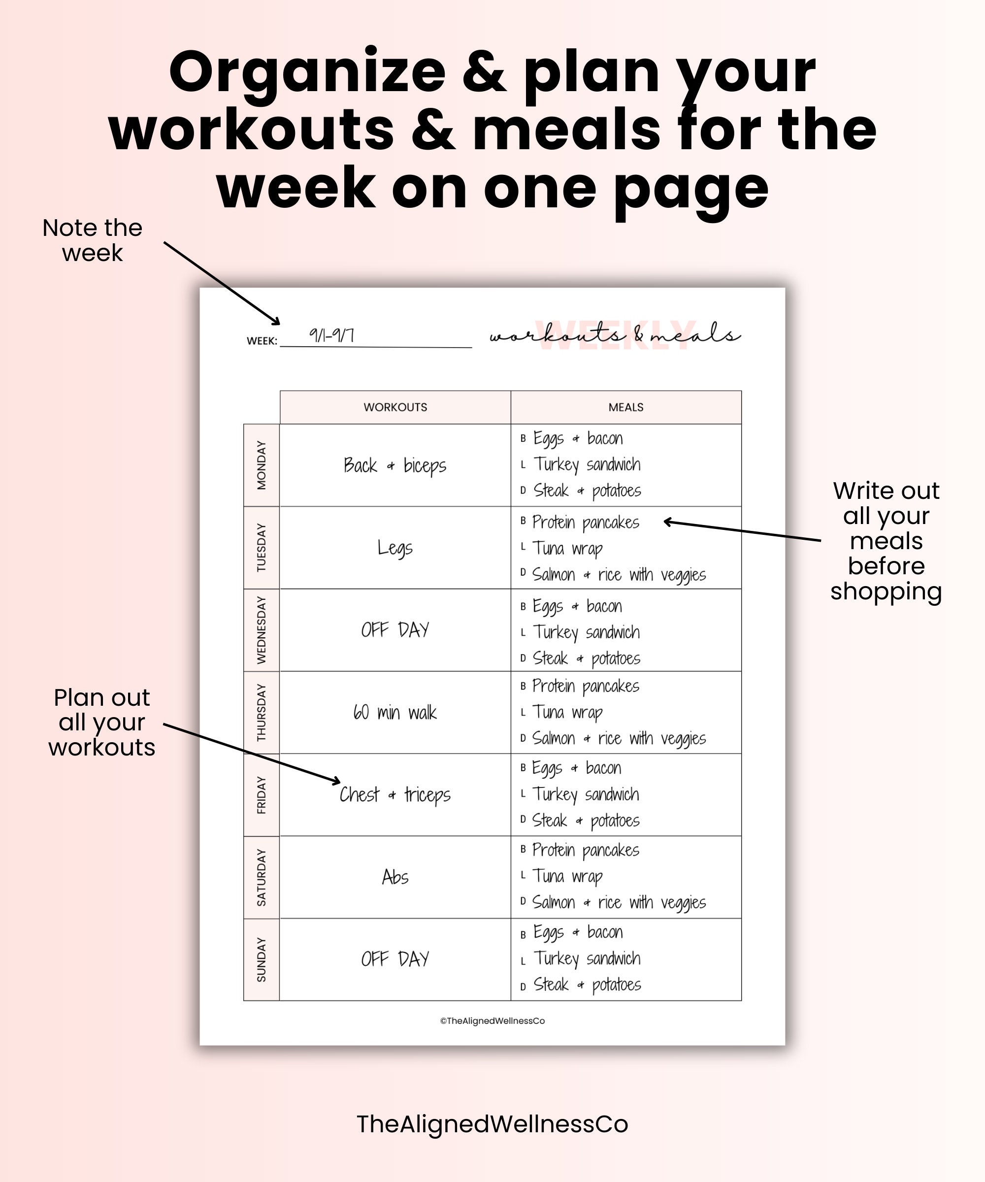 Weekly Exercise and Meals Planner, Food Journal for Weight Loss, Food ...