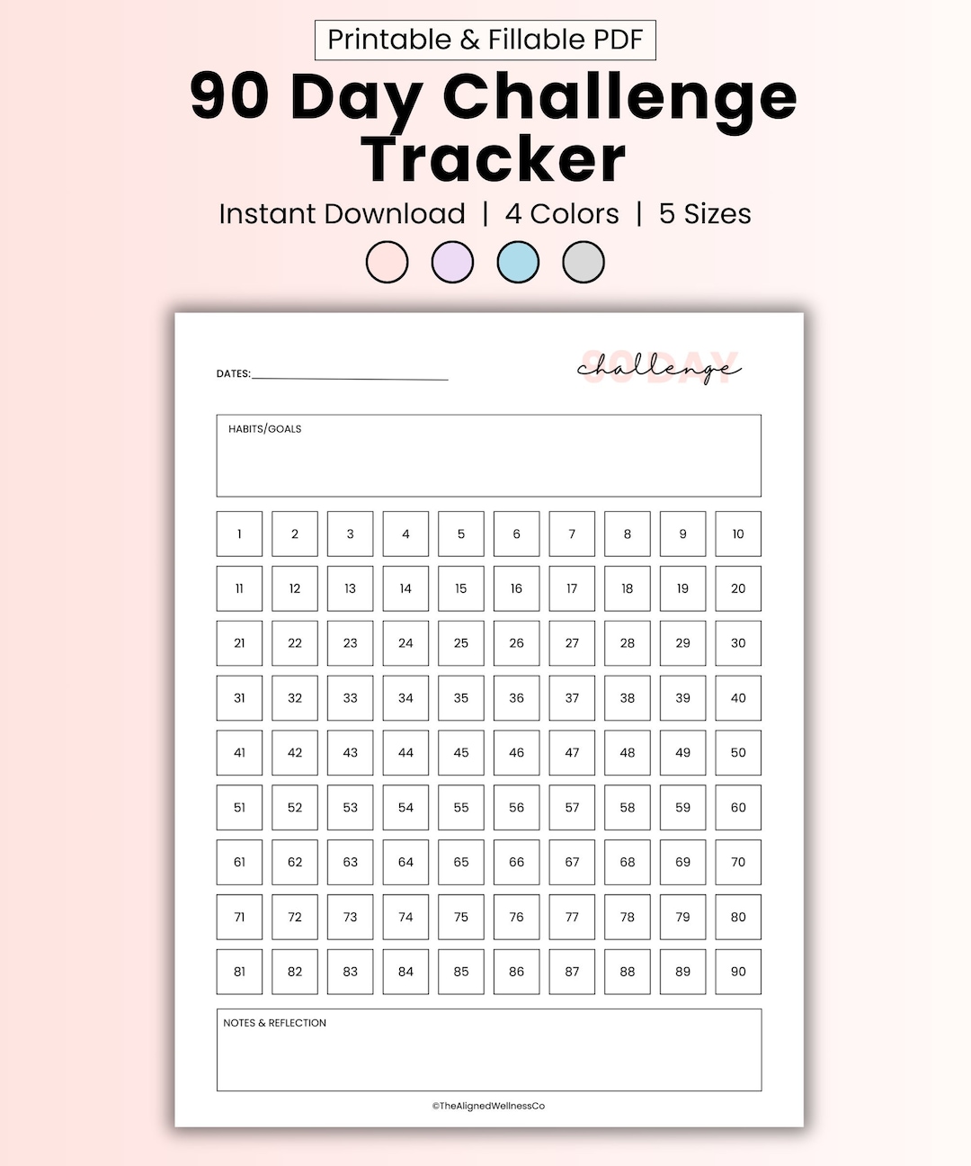 90 Day Challenge Tracker, 90 Day Goal Tracker Template, Printable ...