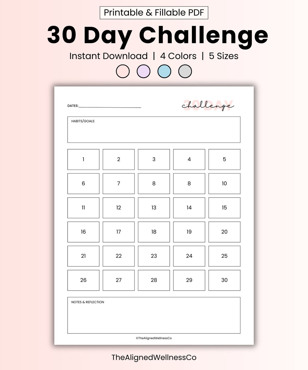 30 Day Challenge Tracker, 30 Day Goal Tracker Template, Printable ...