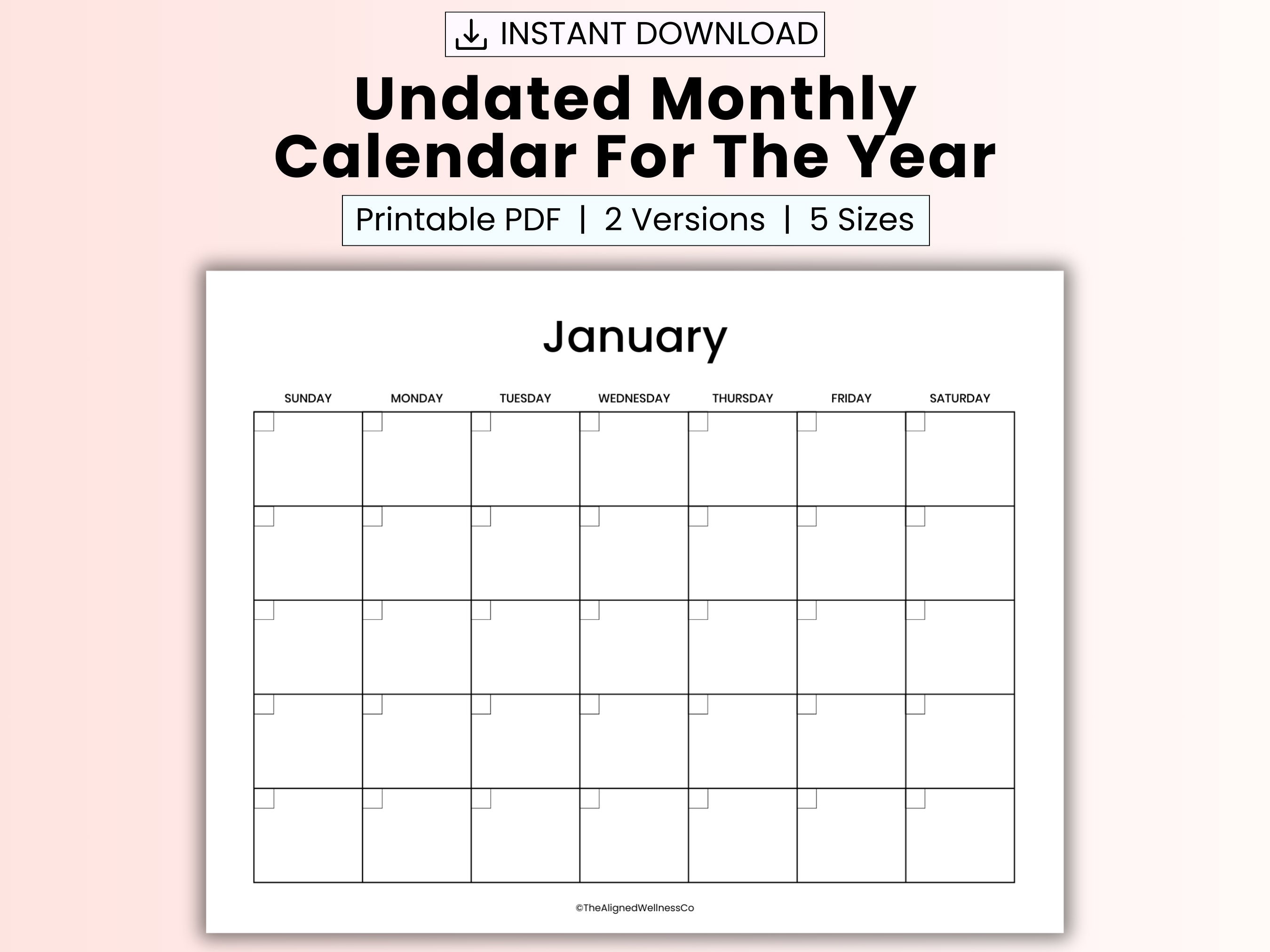 Monthly Blank Calendar for the Year, Undated Yearly Calendar Printable ...
