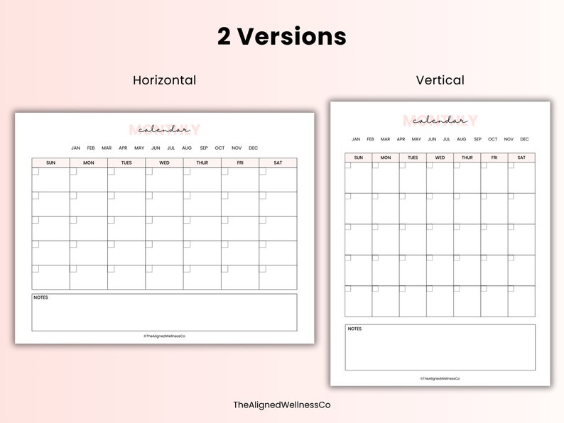 Monthly Blank Calendar, Undated Monthly Calendar, Landscape Vertical ...