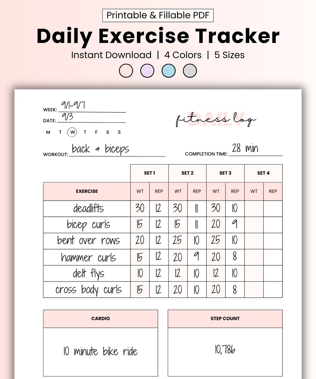 Daily Exercise Tracker Pdf, Weight Lifting Tracker for Weight Loss ...