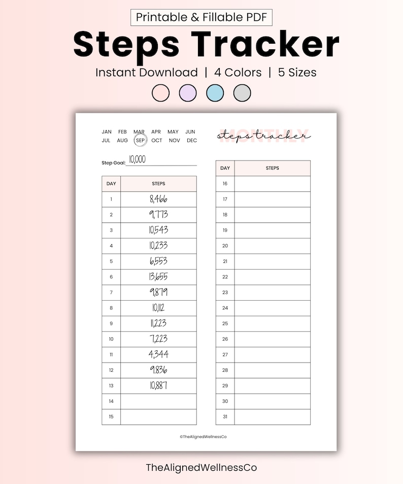 Daily Step Tracker Record, Step Log, Monthly Step Tracker Printable ...