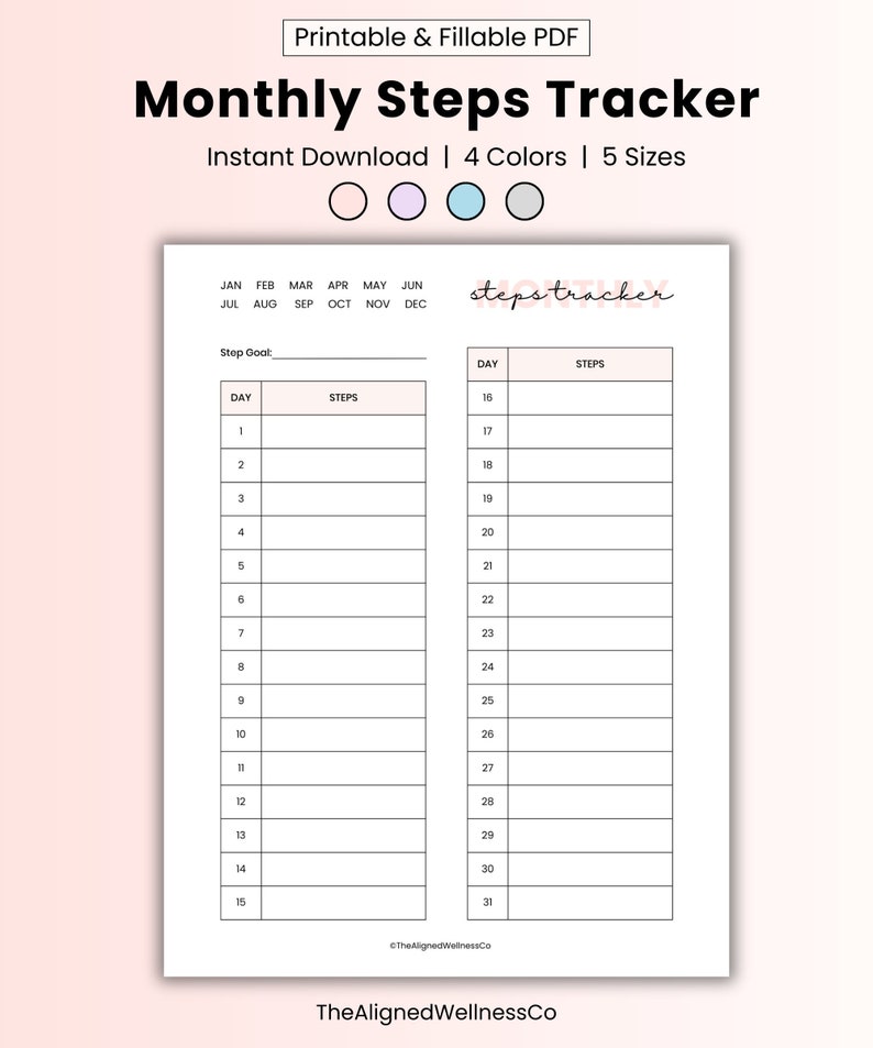 Monthly Step Tracker Printable, Daily Steps Record, Walking Journal ...