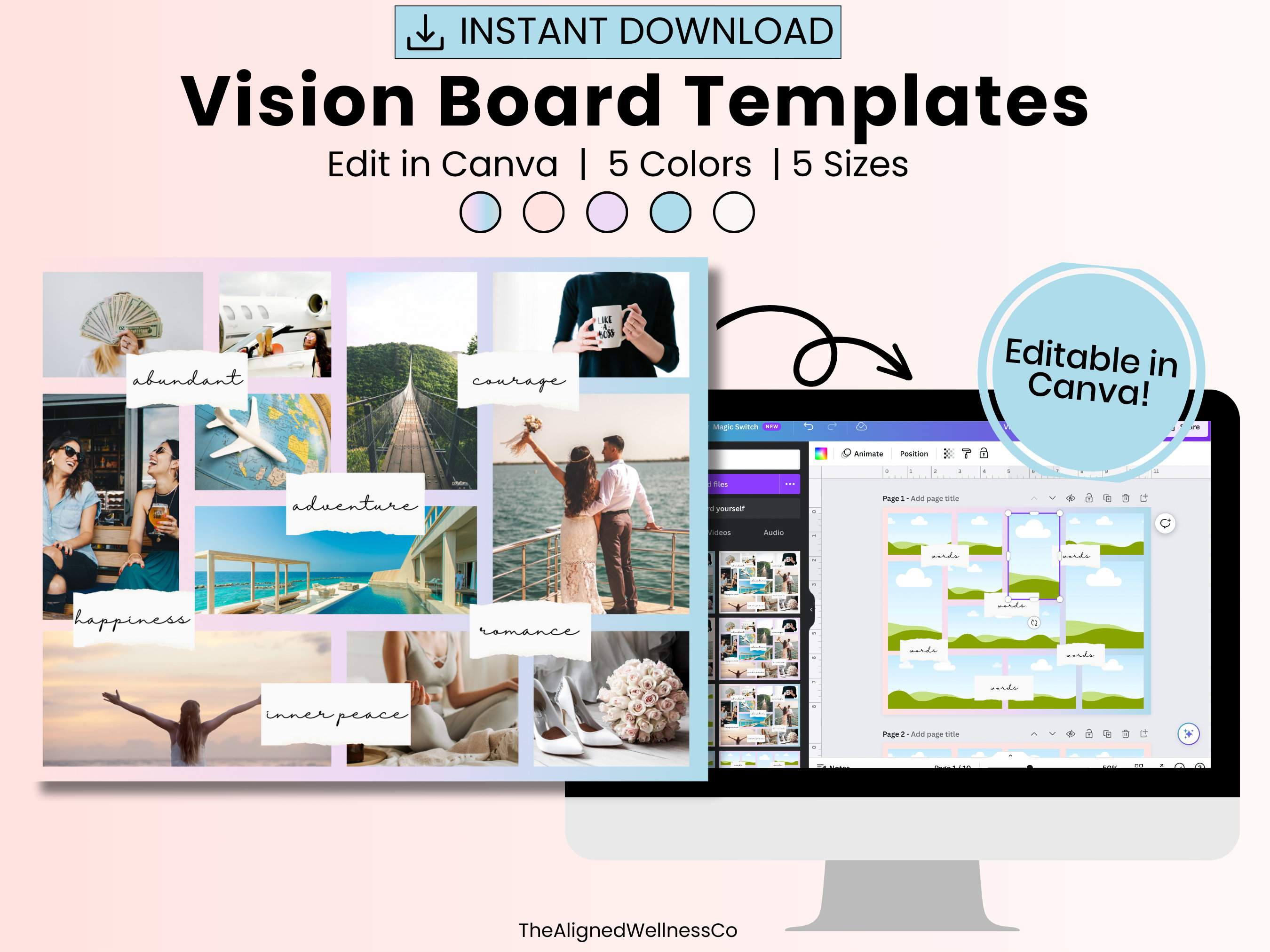 2024 Vision Board Template, Digital Vision Board Printables EDITABLE in ...