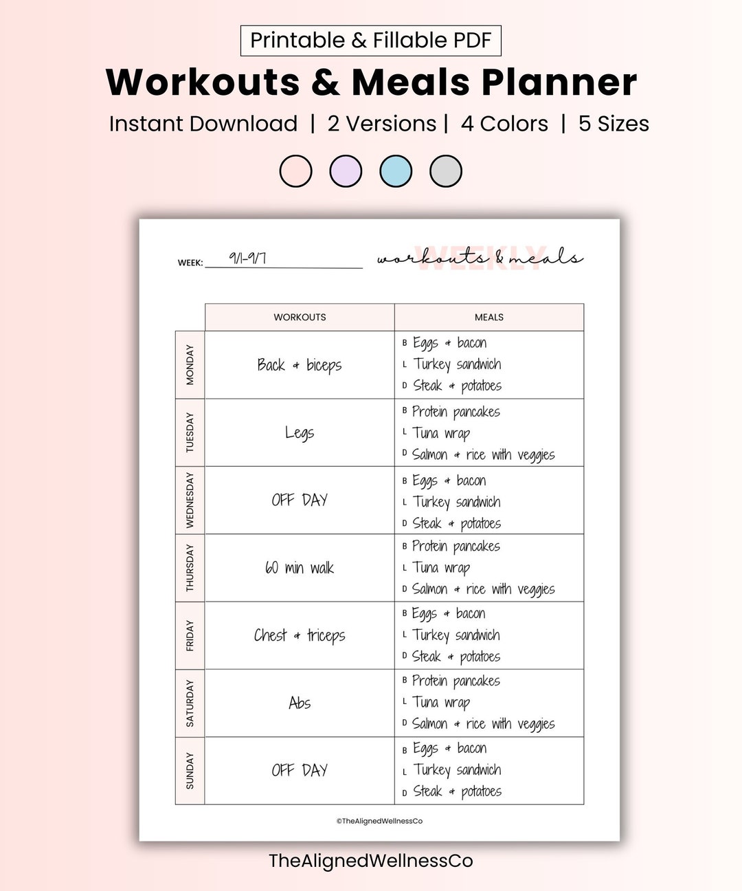 Weekly Workout and Meal Planner, Printable Fridge Meal Planner, Food ...