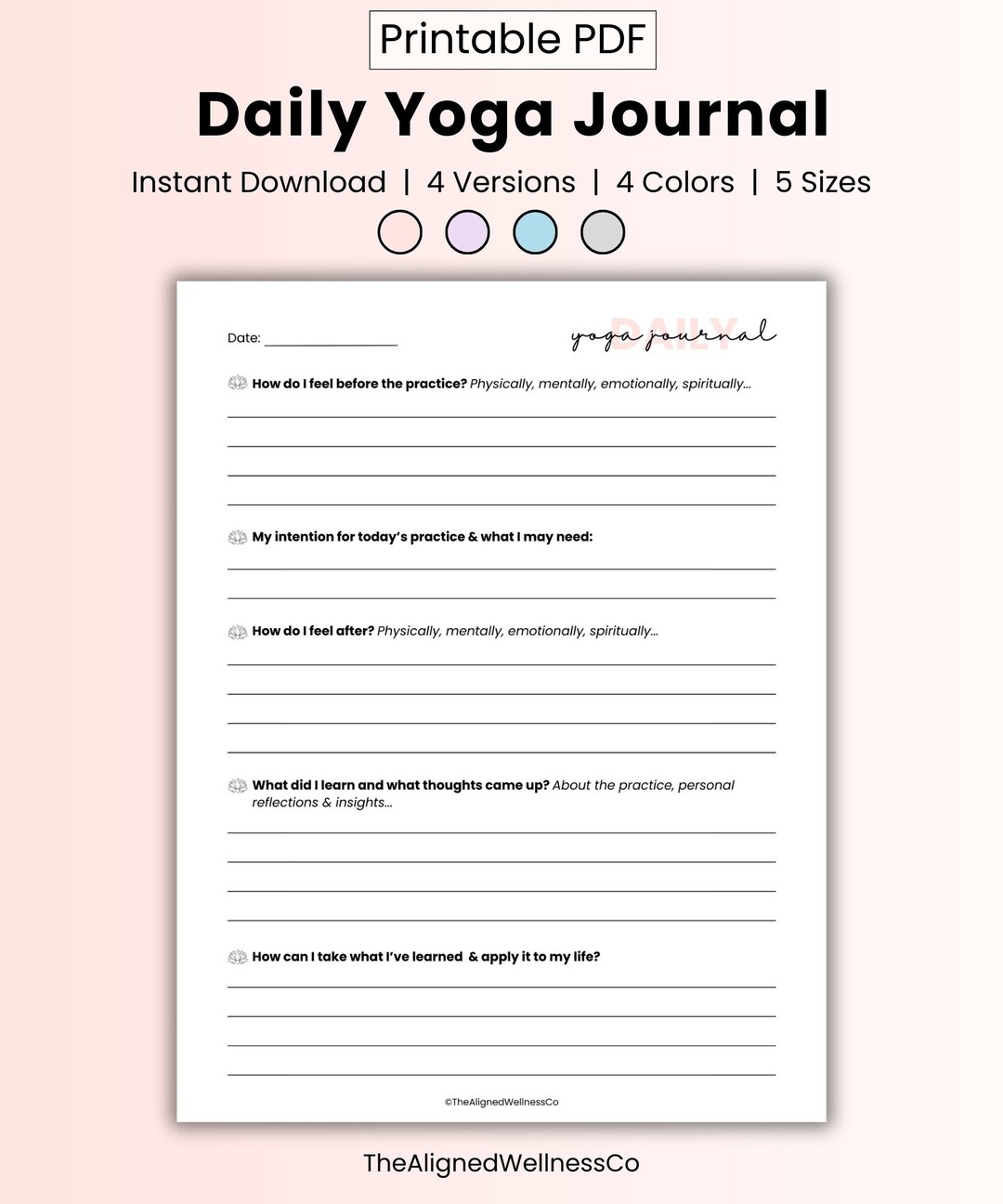 Yoga Journal Printable Pdf, Self Care Journal Template, Wellness ...