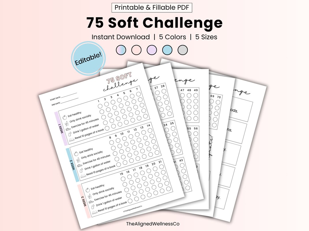 75 Soft Challenge Printable, EDITABLE 75 Soft Challenge Tracker, 75 Day ...