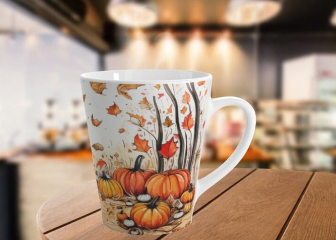Fall Latte Mug With Falling Leaves and Pumpkins, Fall, Autumn, Gift for ...