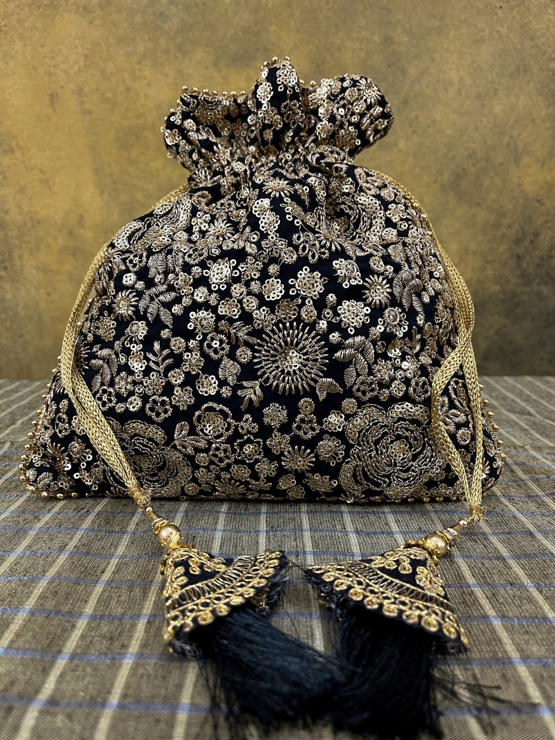 Black Silk Indian Potli Bag With Heavy Gold Hand Embroidery Sequence ...