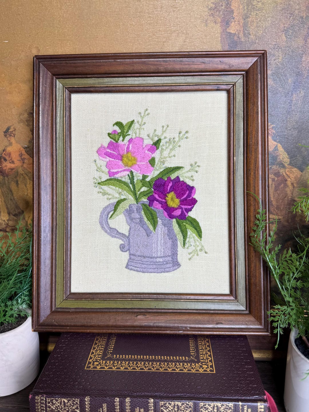 Vintage Yarn Crewel Embroidered Purple Flowers in a Cup Art | Framed - Etsy