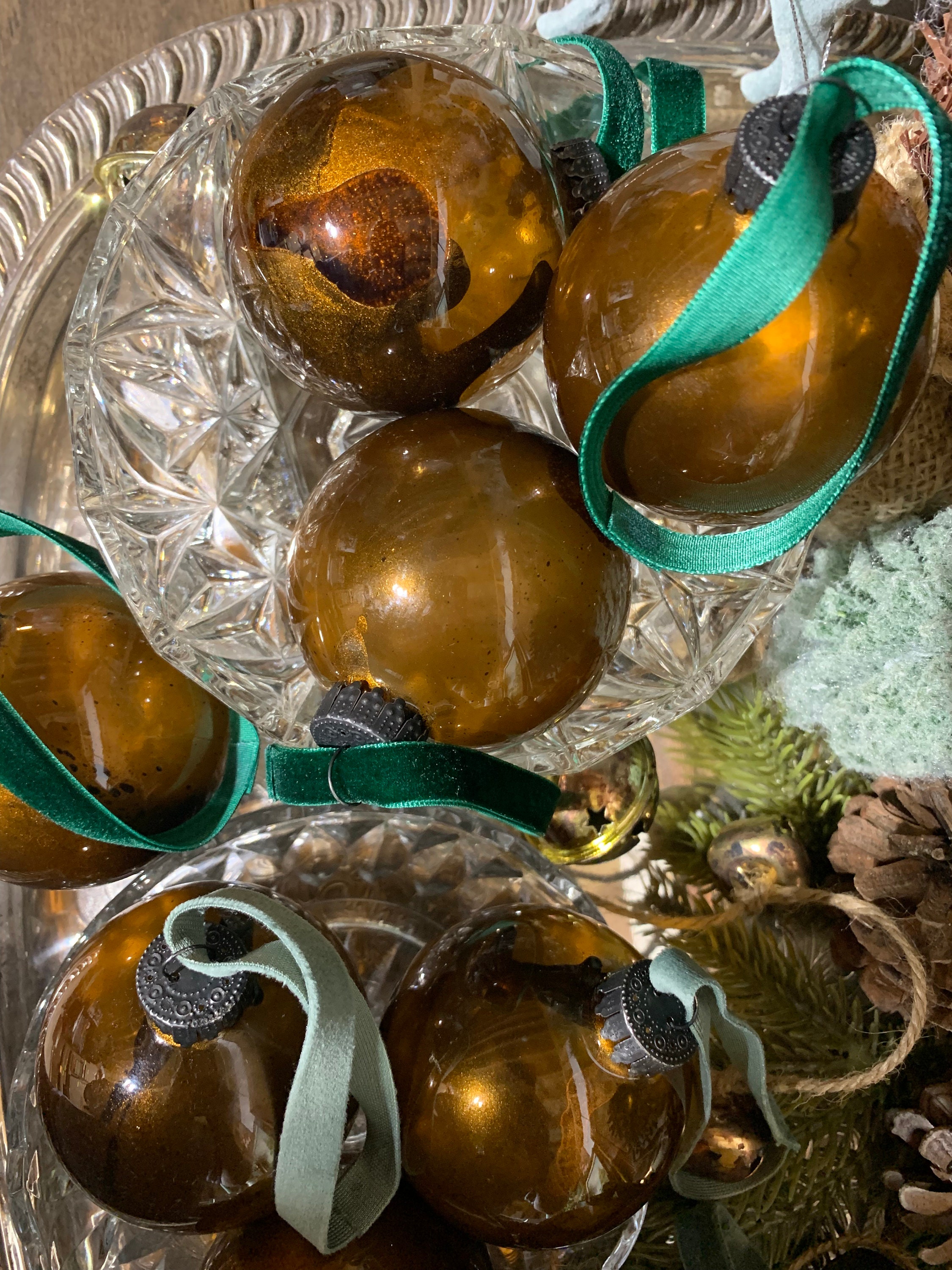Hand Glazed Amber Glass Ornaments | Set of 4 Amber Glass With Velvet ...