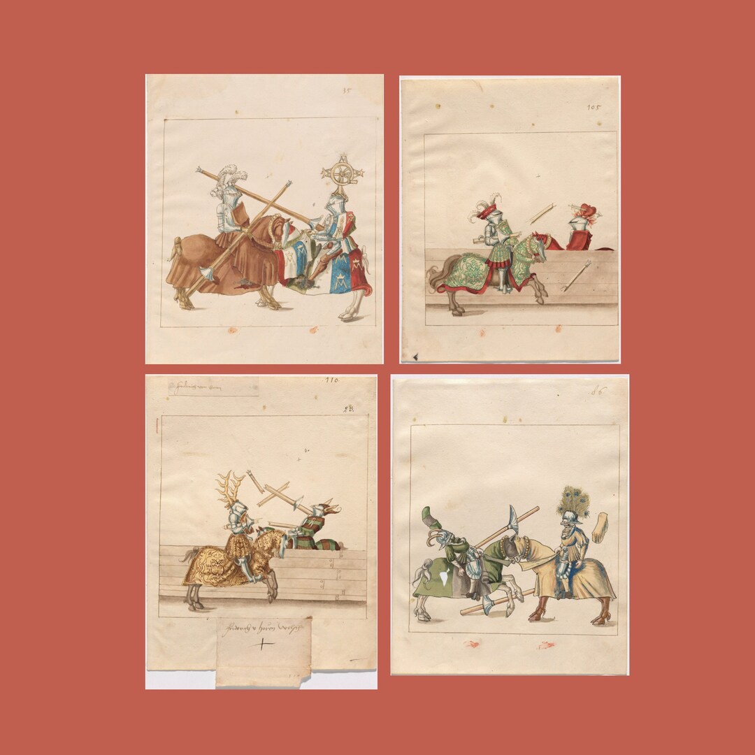 Set of Four Jousting Knight Drawing | Digital Print | Medieval Knights ...