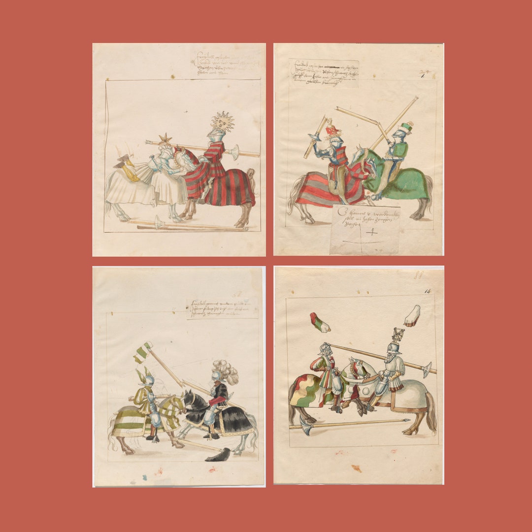 Set of Four Jousting Knight Drawing in Stripes| Digital Print ...