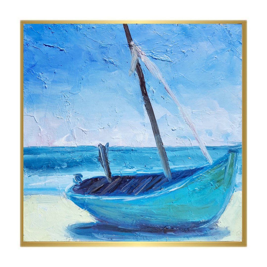 Boat Oil Painting Original Art Seascape Beach Fishing Art Original ...