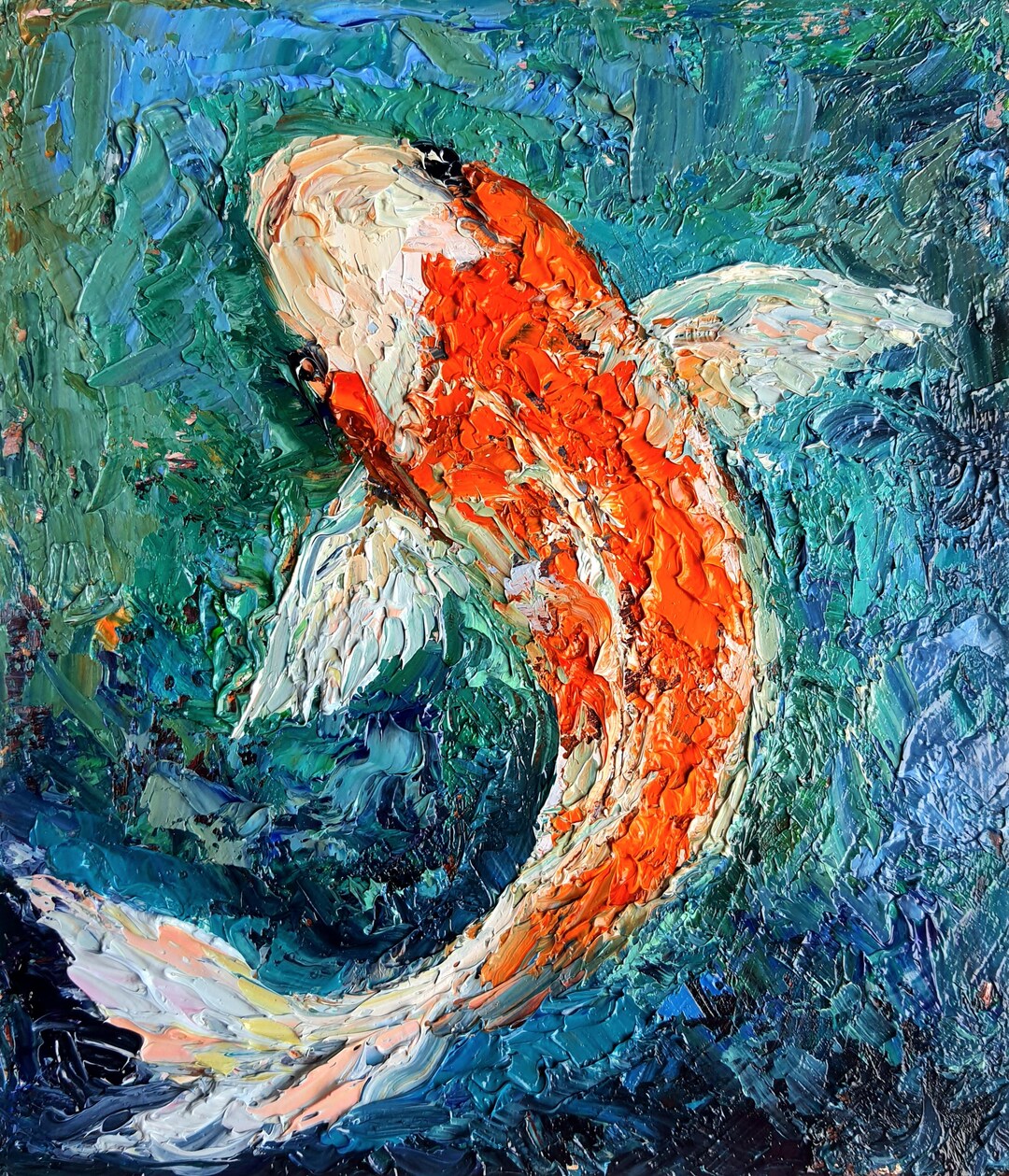 Koi Fish Oil Painting İmpasto Goldfish Original Fine Art Animals Wall ...