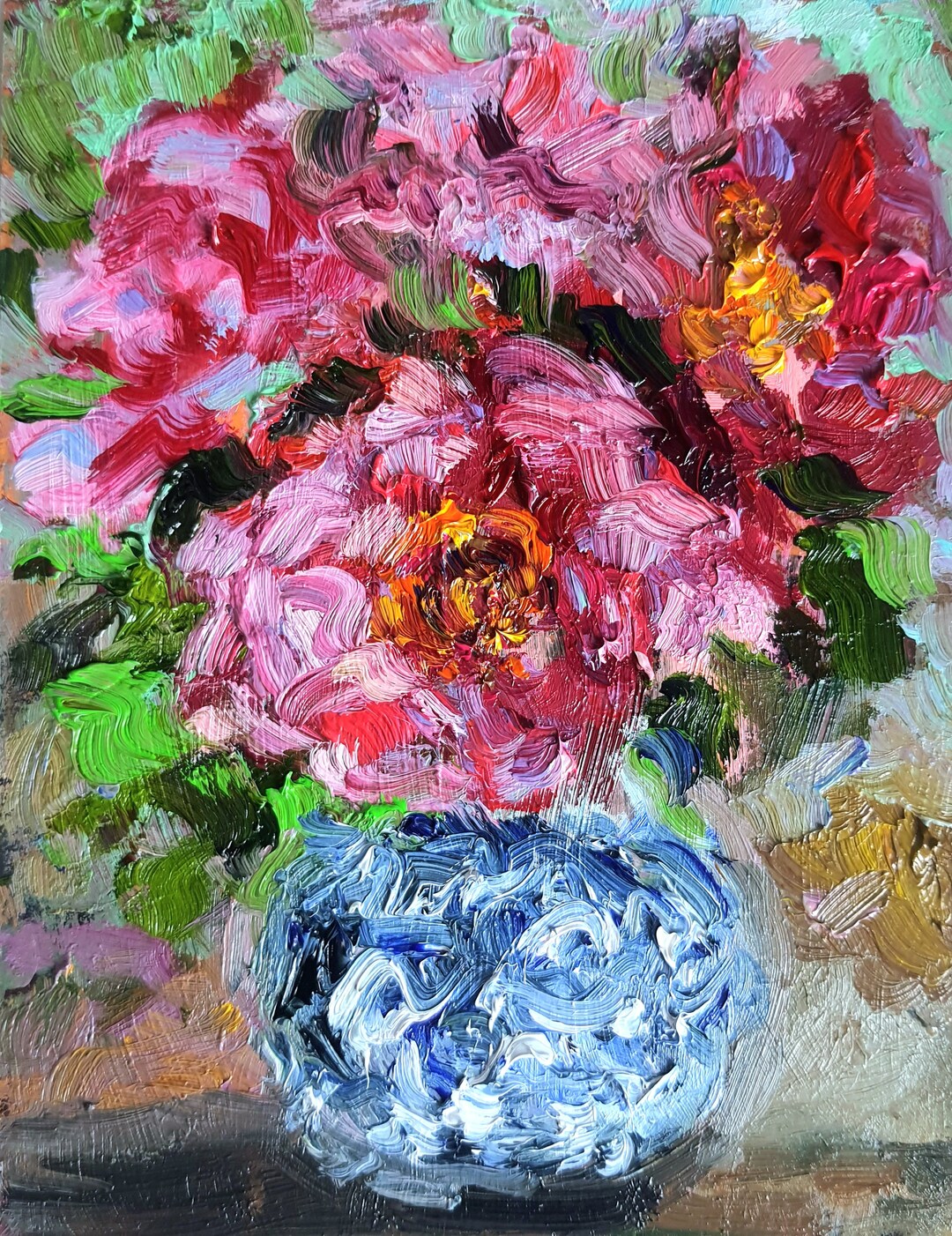 Pink Peony Oil Painting Floral Original Art Coral Peony Bouquet in a ...