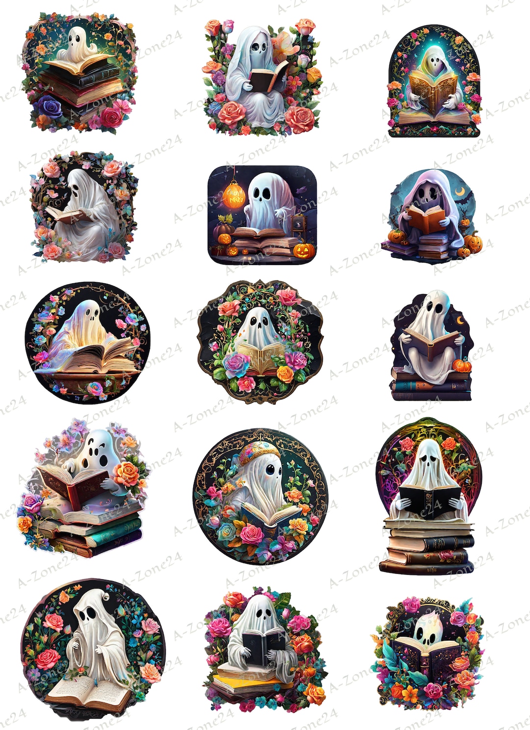 Cute Ghost Sticker Set 15 Unique Stickers With Ghosts Reading a Book ...
