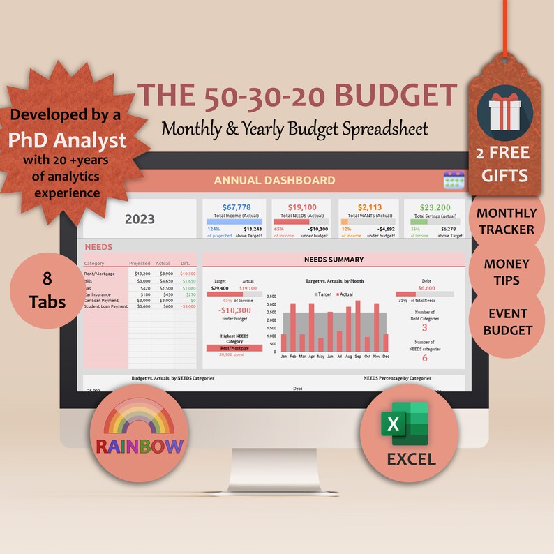50 30 20 Budget Planner Excel Monthly Budget Spreadsheet Excel Yearly ...