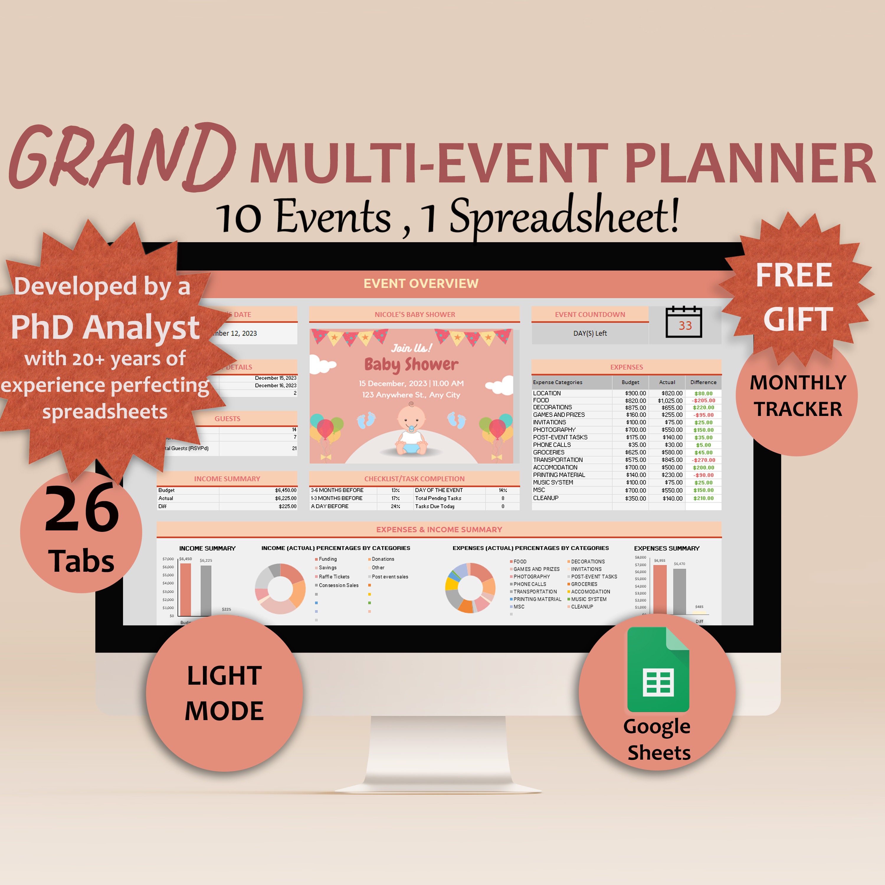 Event Planner Template Google Sheets Multi Events Template Digital Event Planner Spreadsheet ...