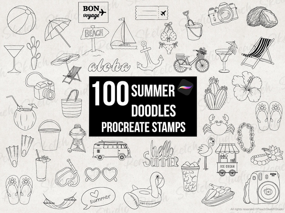 100 Summer Procreate Stamp Designs: Travel Line Art Tattoo Stencil ...