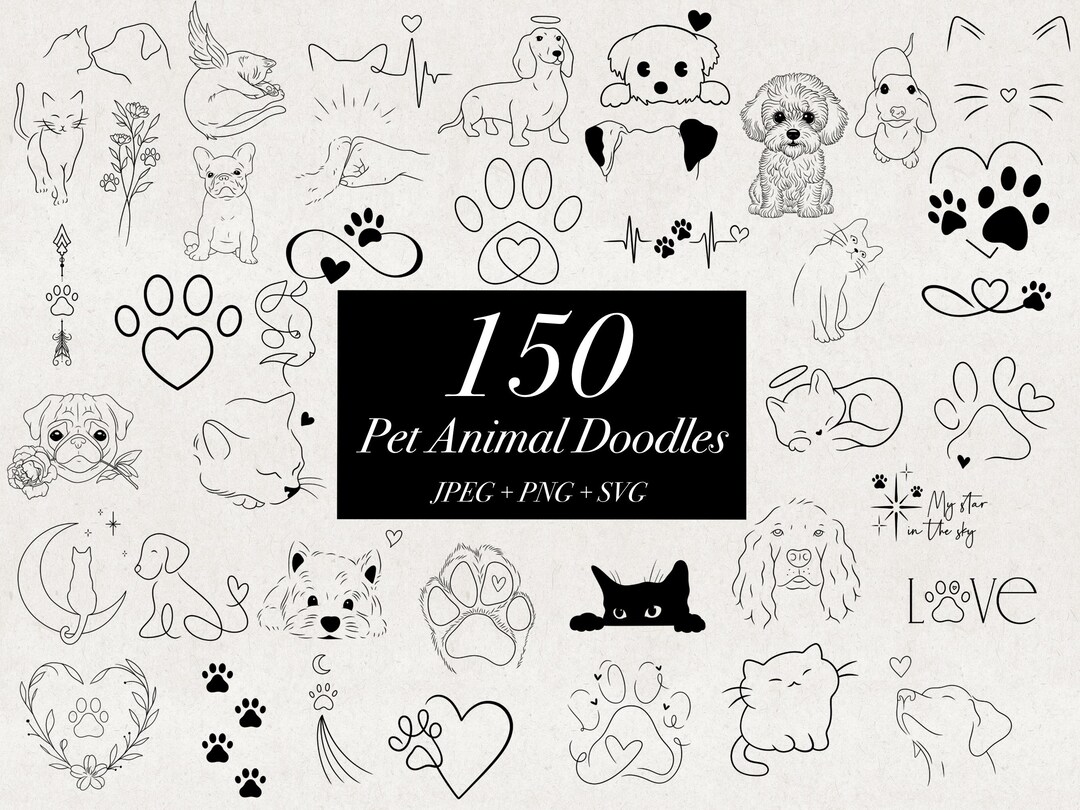 150 Animal Pet Doodle Illustrations Flash Tattoo SVG PNG JPEG Designs ...