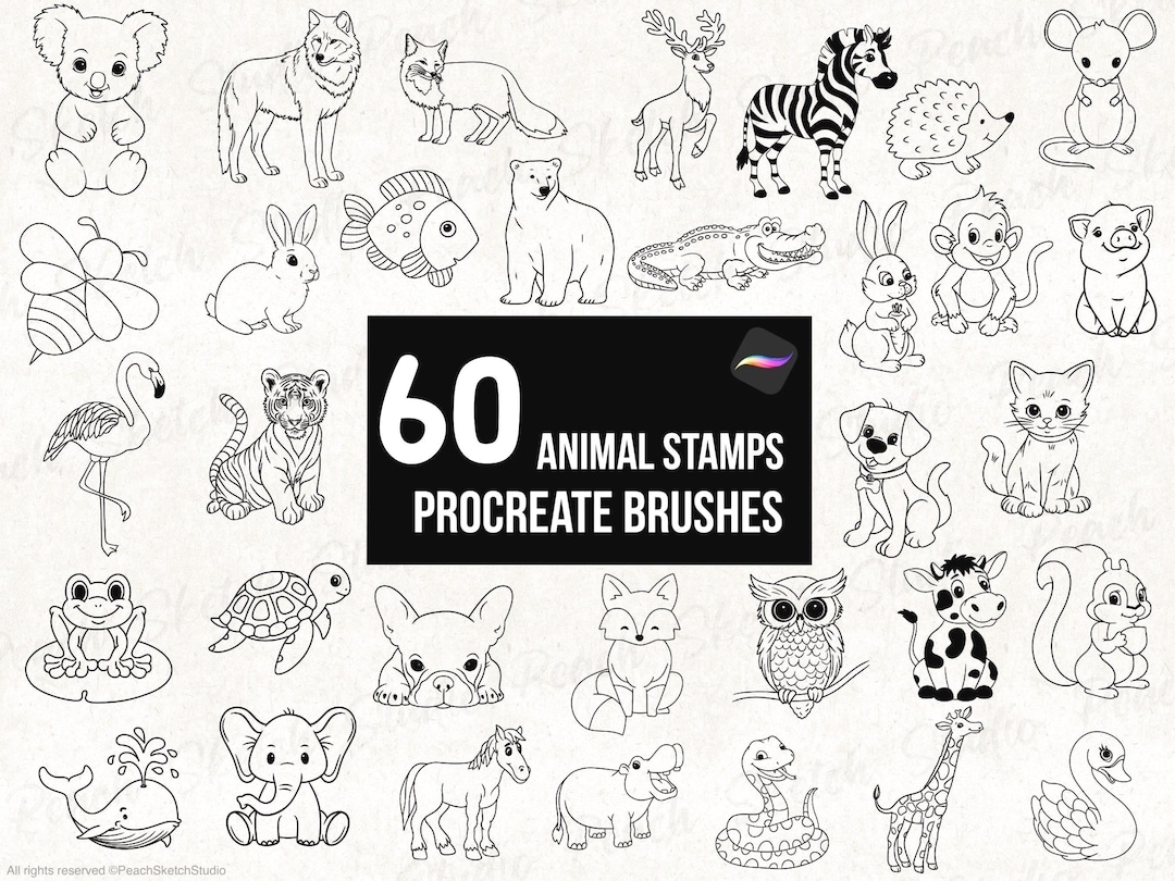60 Animal Doodles Procreate Stamps, Pets Wildlife Line Art Designs ...