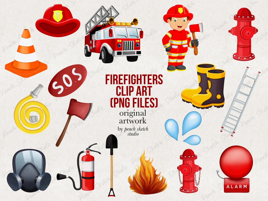Firefighters Clip Art Set Illustration PNG Files, Fire Hand-drawn ...