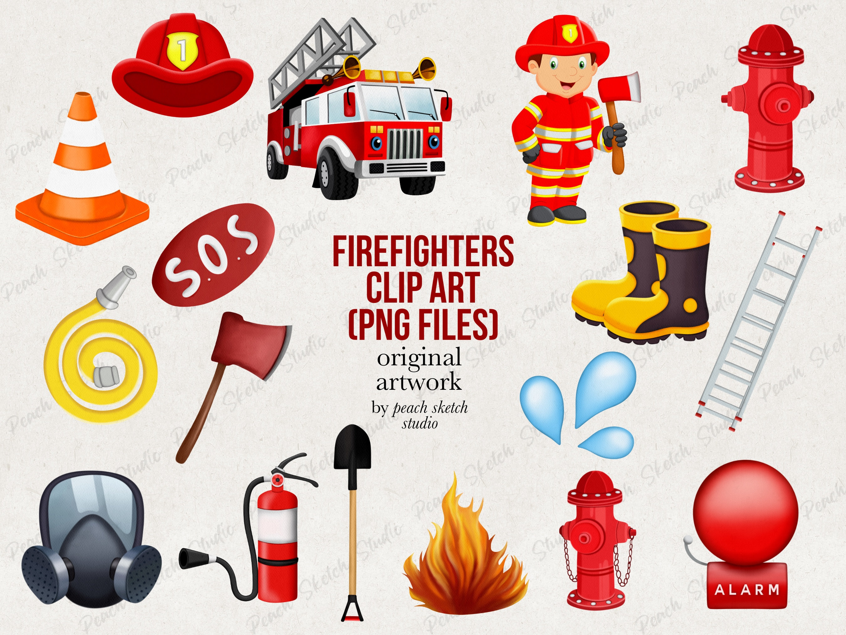 Firefighters Clip Art Set Illustration PNG Files, Fire Hand-drawn ...