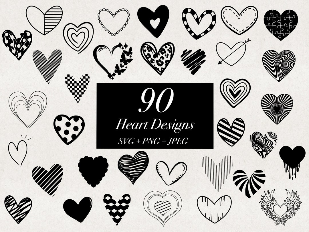 90 Love Heart Bundle SVG, PNG, JPEG Clip Art, Hand-drawn, Cricut ...