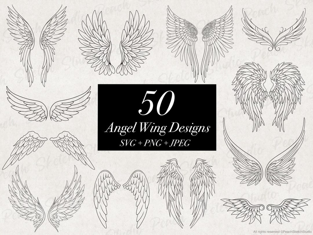 50 diseños de alas de ángel: SVG, PNG, JPEG, plantilla de tatuaje de ...
