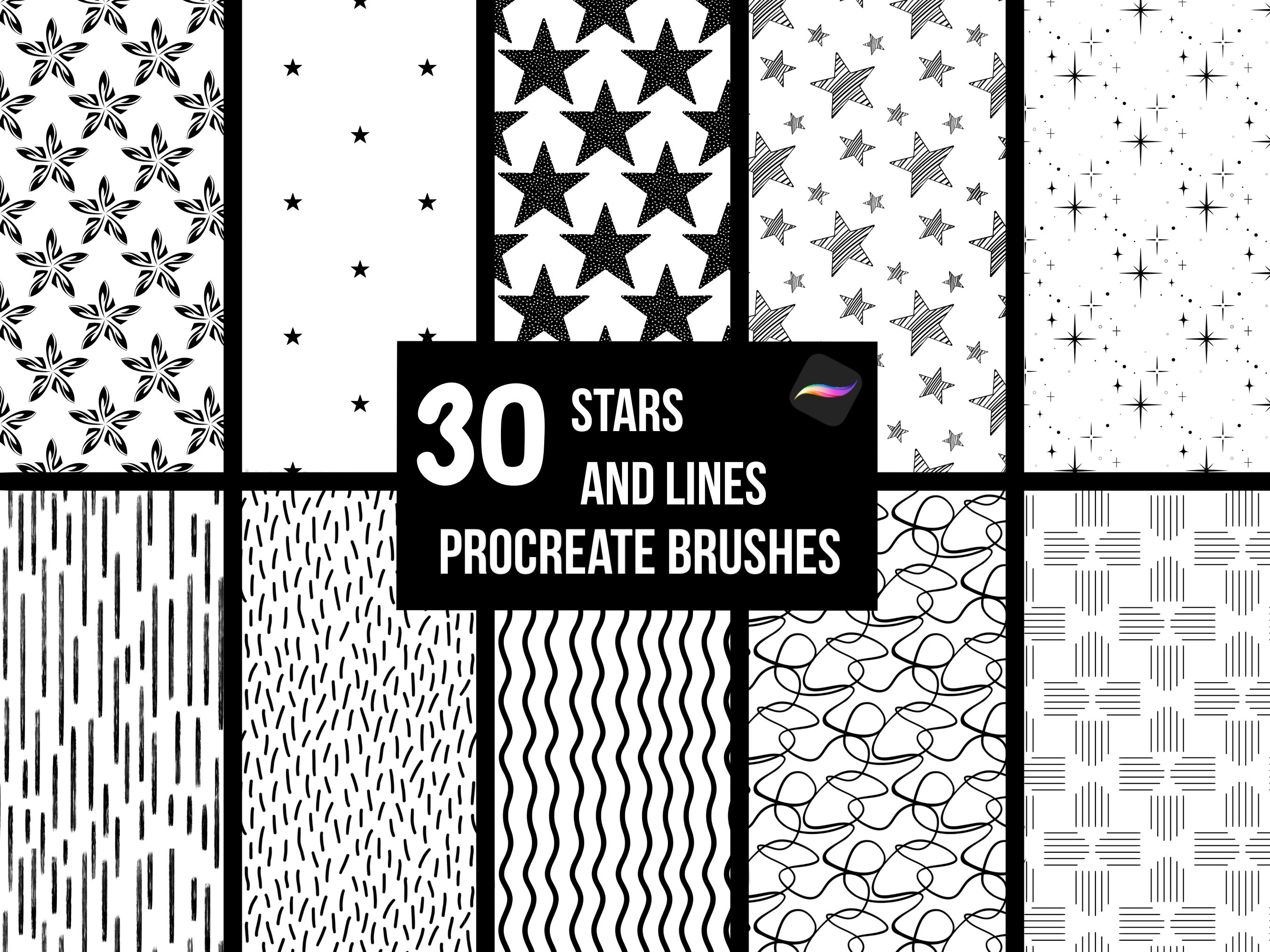 30 Stars & Lines Pattern Brushes Procreate, Pattern Brush Set, Boho ...