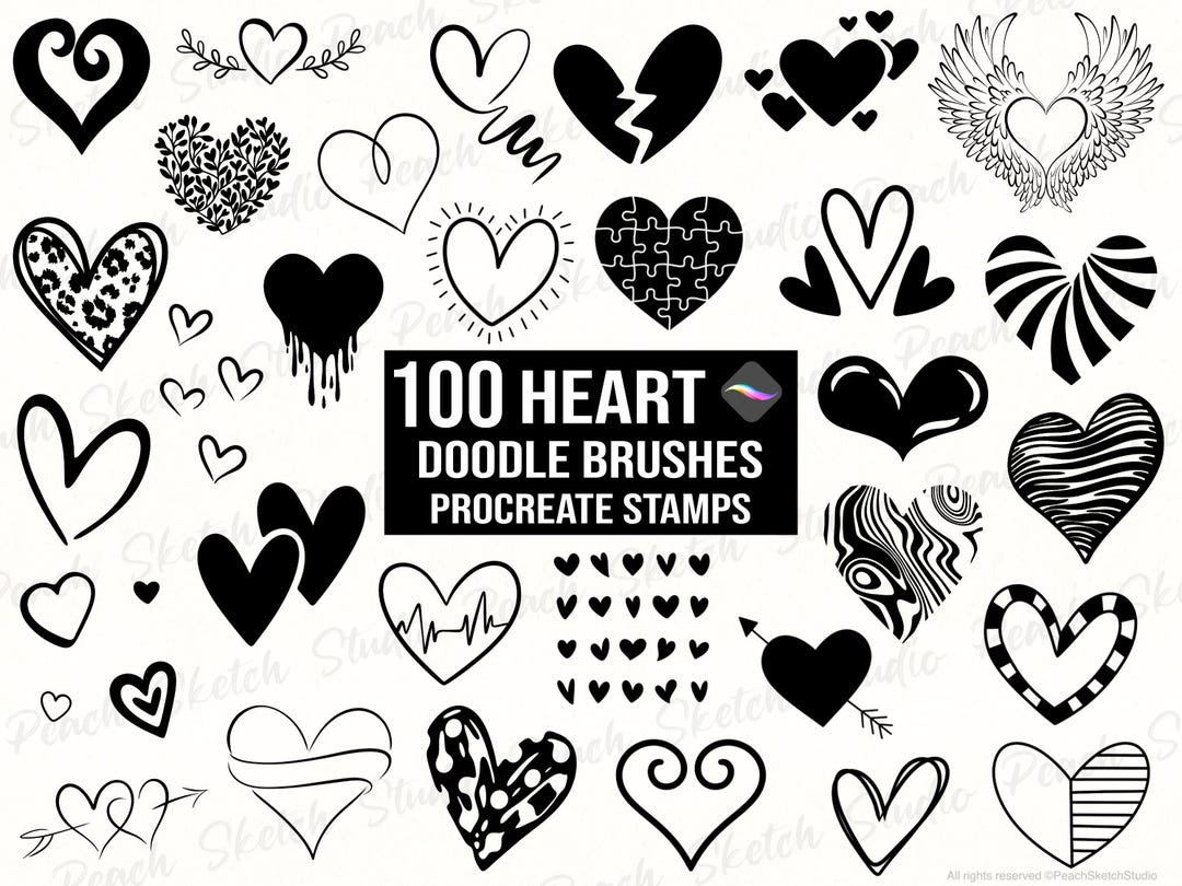 100 Heart Doodles Procreate Stamps: Love Hearts Procreate Brushes ...