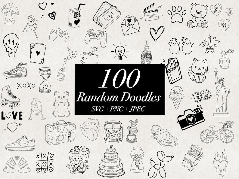 100 Doodle Illustrations SVG PNG JPEG Designs, Random Doodle Clip Art ...