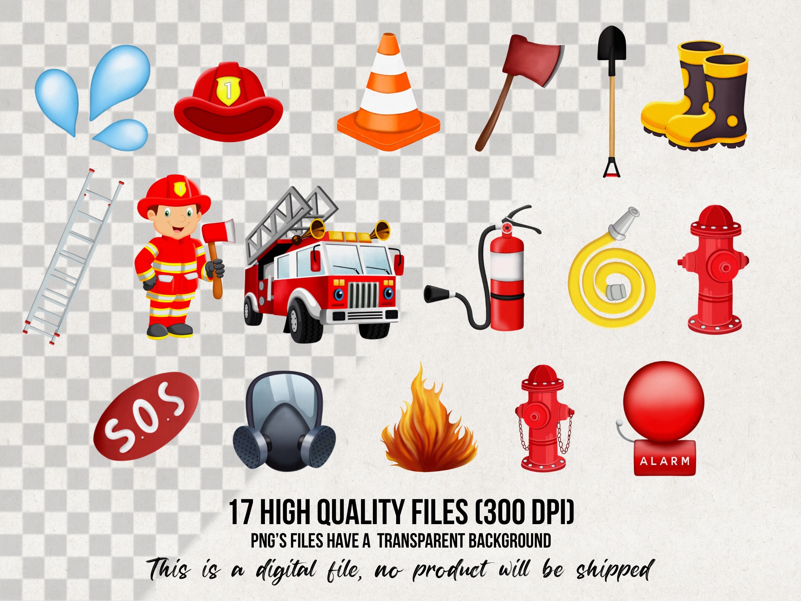 Firefighters Clip Art Set Illustration PNG Files, Fire Hand-drawn ...