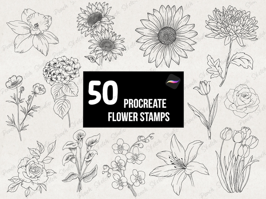 50 Procreate Flower Stamp Brushes, Floral Tattoo Stencil Brush Pack, Detailed Flowers Brush Set ...