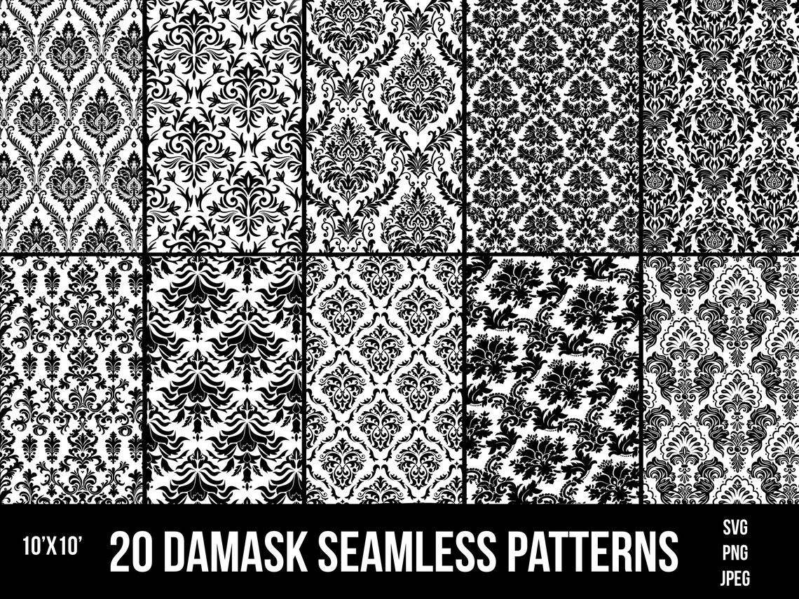 20 Damask Seamless Patterns SVG PNG JPEG Silhouette, Digital Paper ...