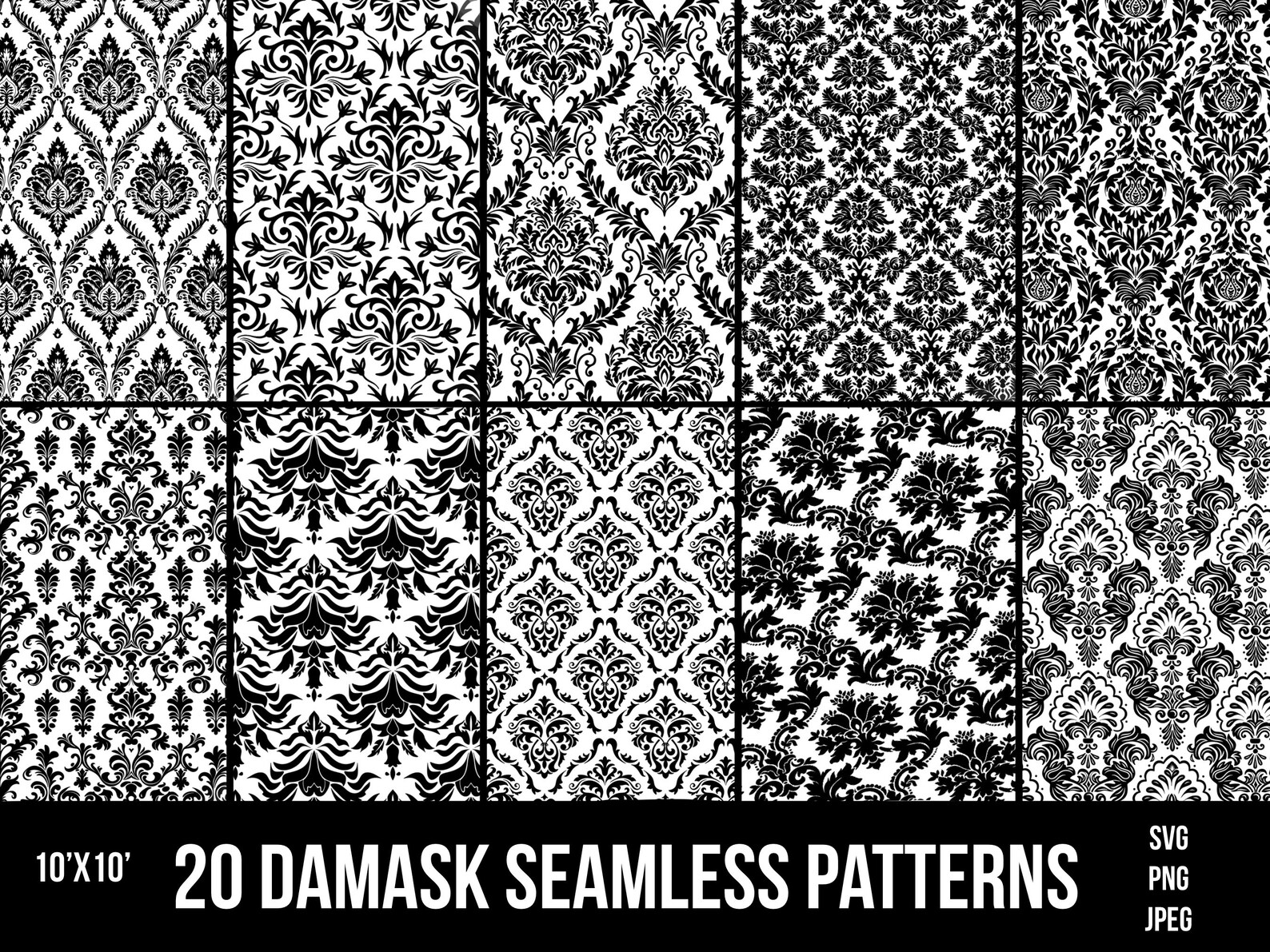 20 Damask Seamless Patterns SVG PNG JPEG Silhouette, Digital Paper ...