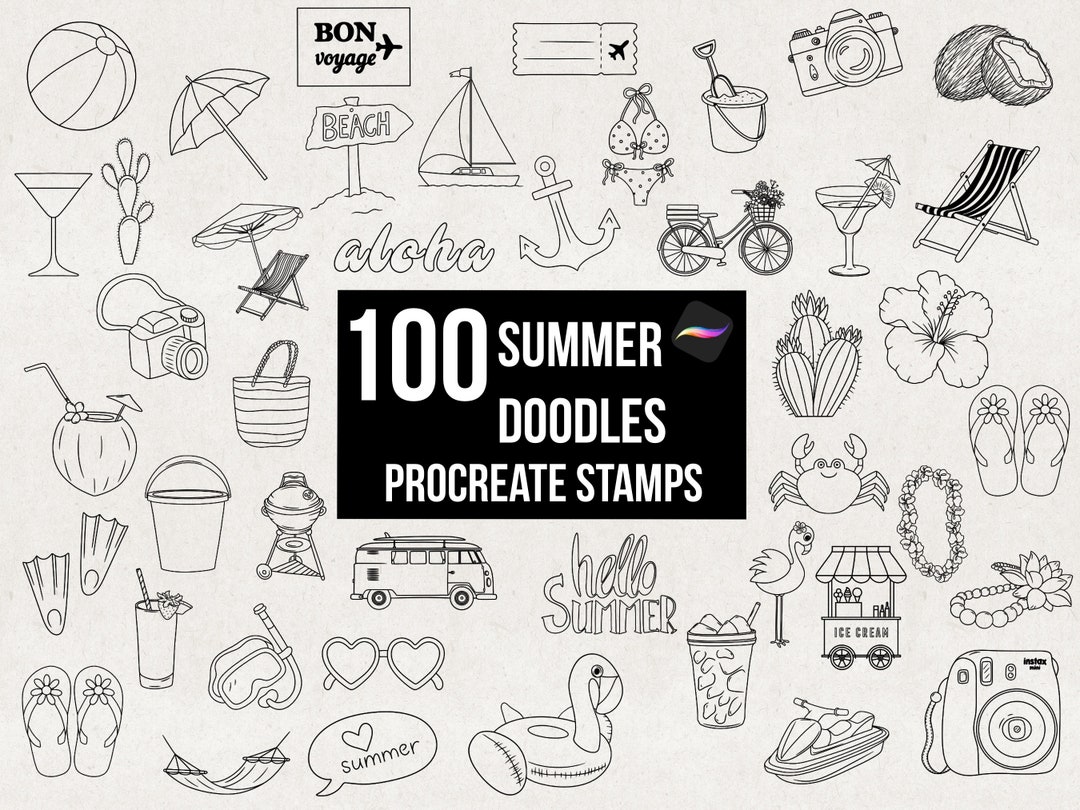 100 Procreate Summer Doodle Elements Bundle Stamps Brush Set, Tattoo ...