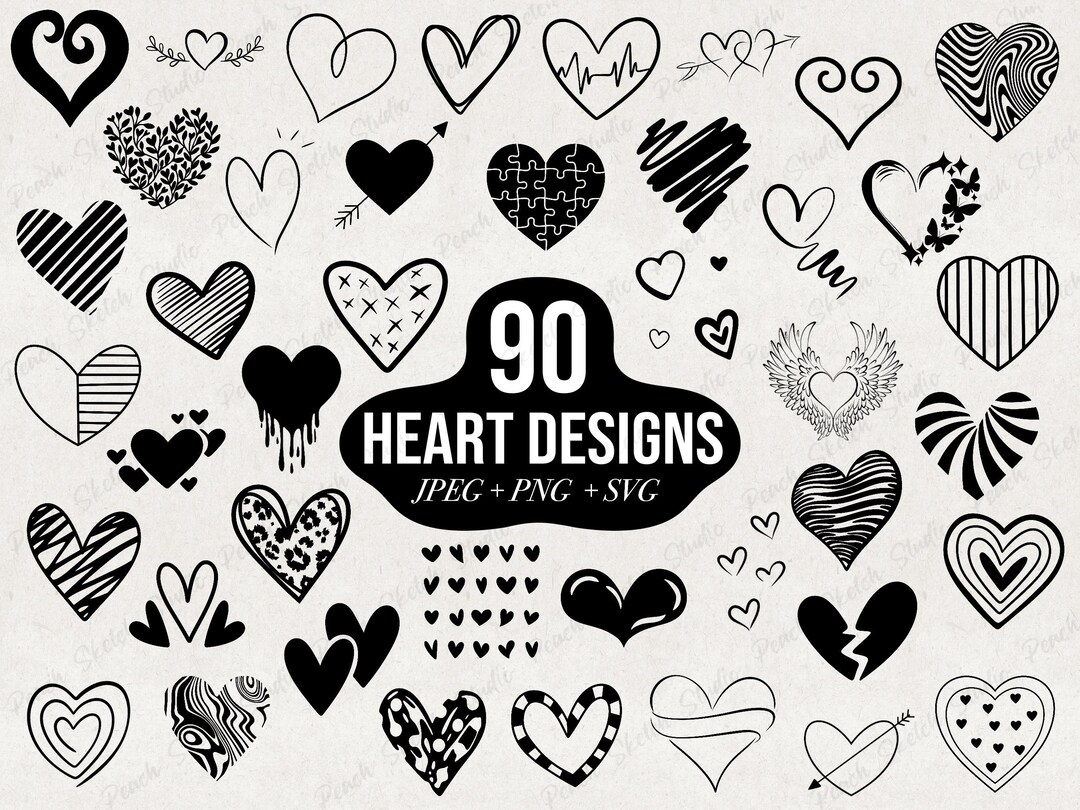 90 Love Heart Designs: PNG SVG JPEG Love Clip Art Doodles (digital ...