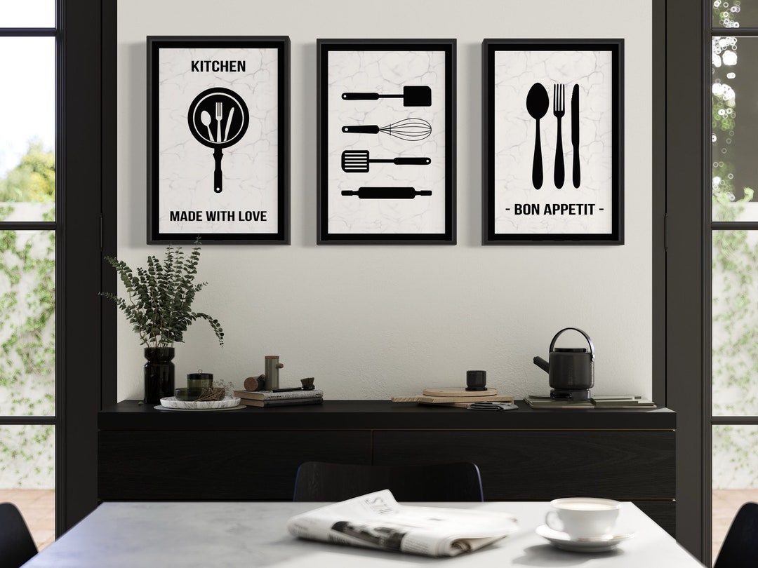 Kitchen Posters Set of 3 Wall Art Prints, Black White Minimalistic ...